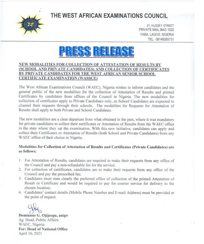 WAEC Attestation Of Result And Certificate Collection New Guidelines 2023