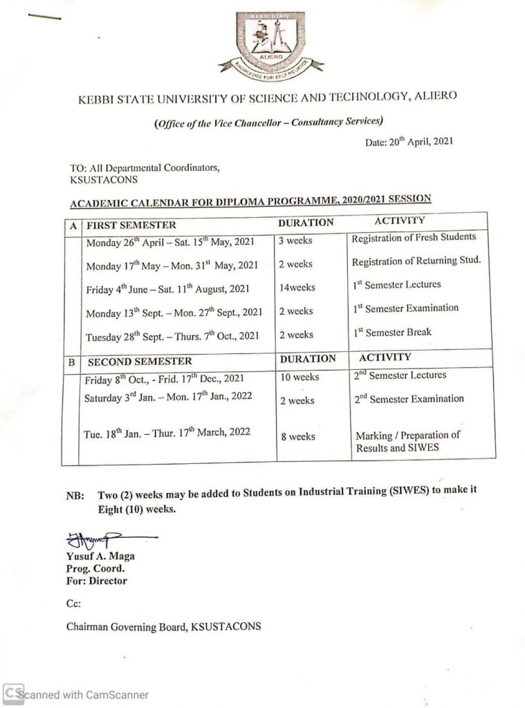 KSUSTA Diploma Academic Calendar 2023/2024