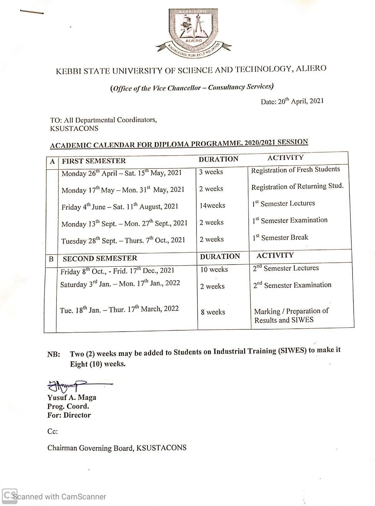 KSUSTA Diploma Academic Calendar 2023/2024